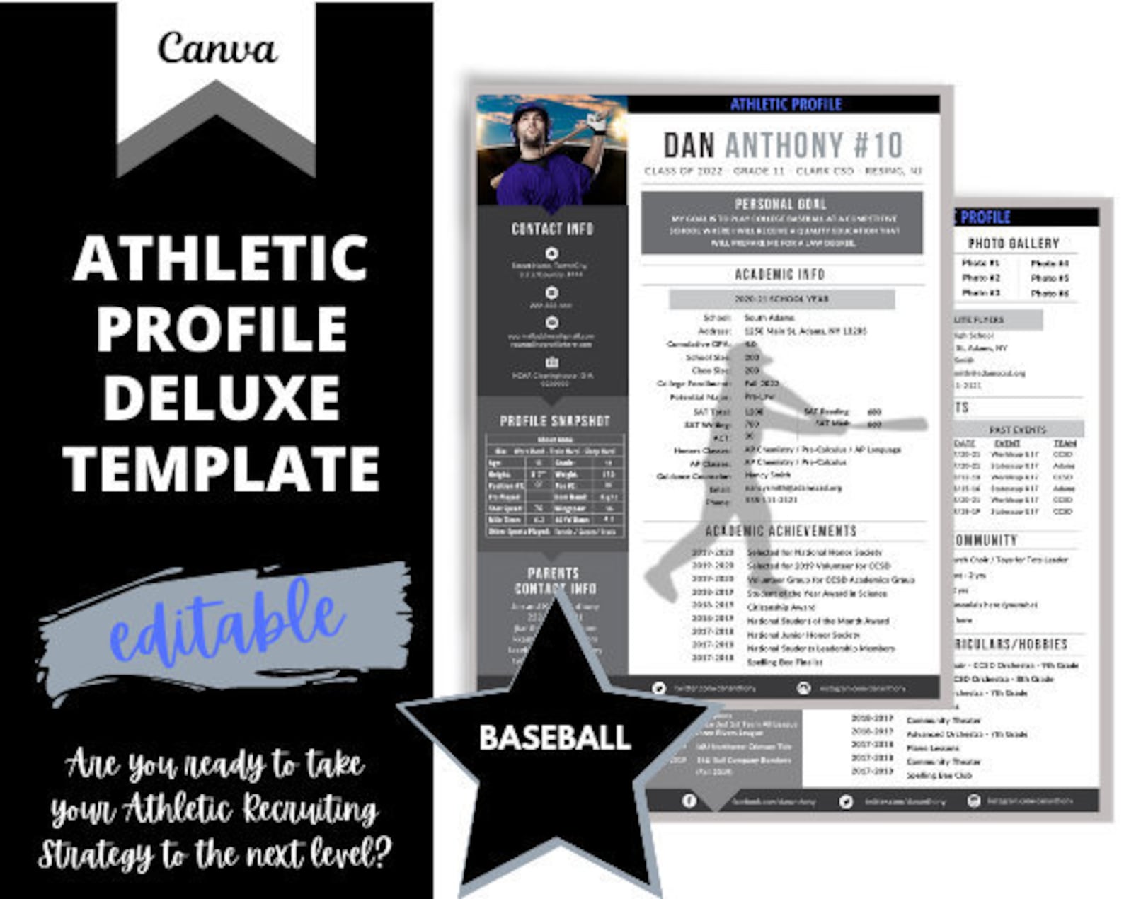 Baseball - Athletic Profile Deluxe Template - Black | Editable Athletic ...