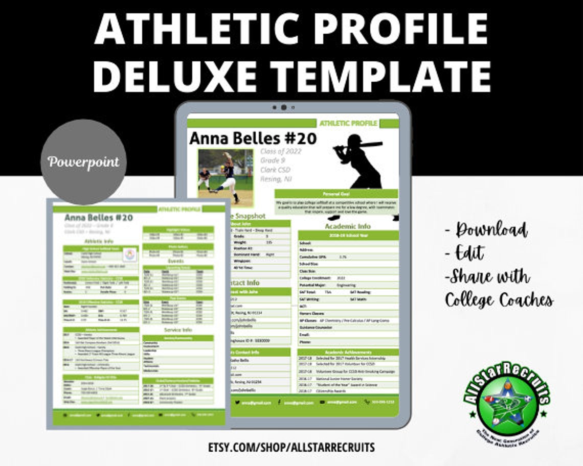 Softball - Athletic Profile Deluxe Template - GREEN - Etsy