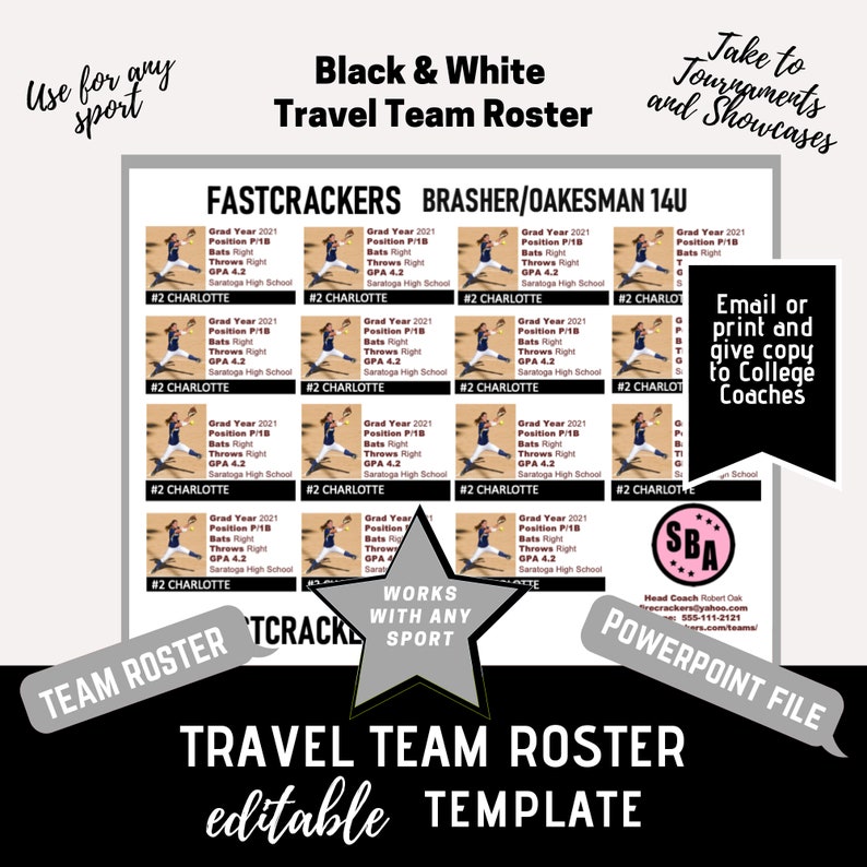 Travel Team Roster Template - Black & White - 15 Players - Etsy