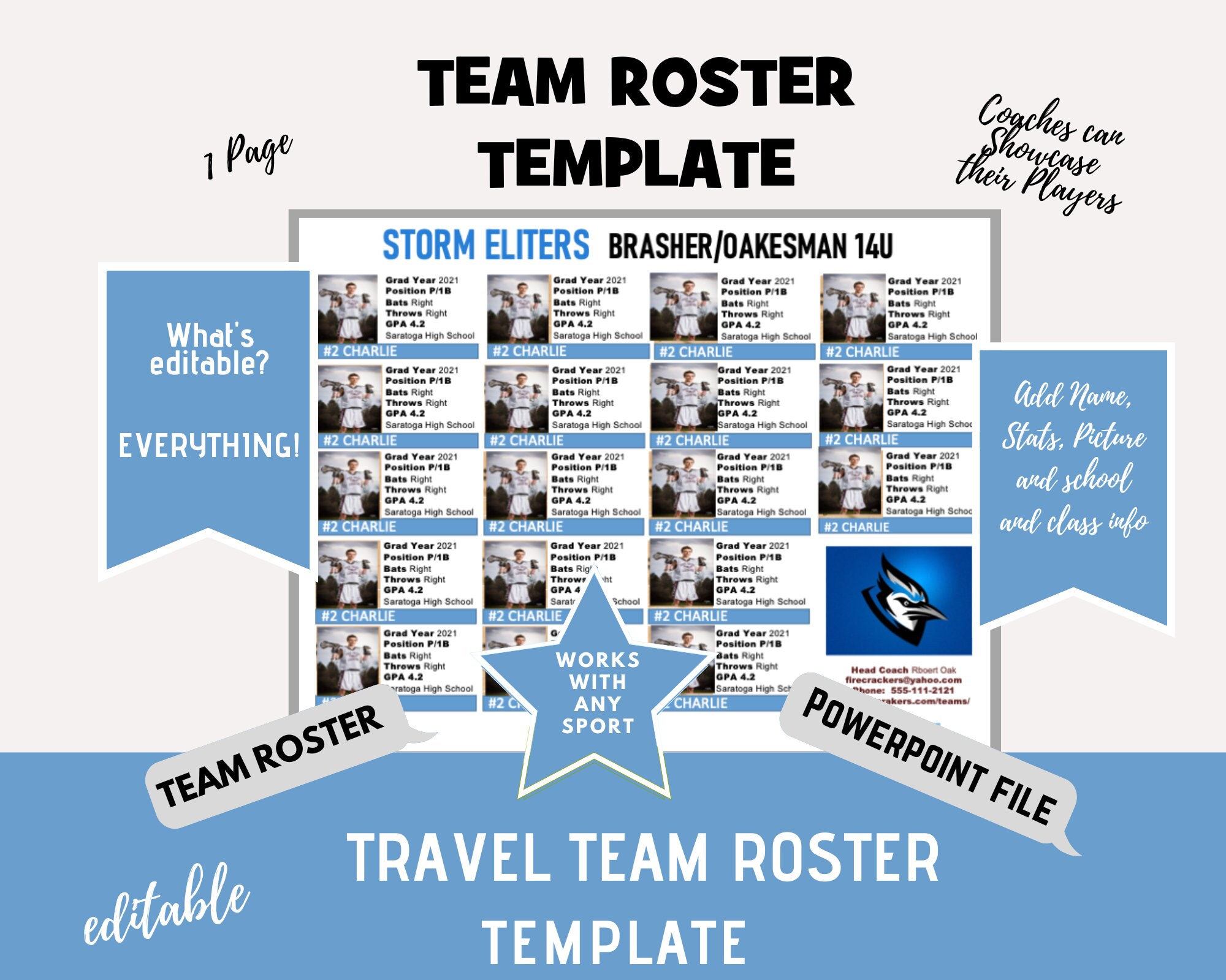 Travel Team Roster Template - Carolina Blue - 18 Players per Page ...