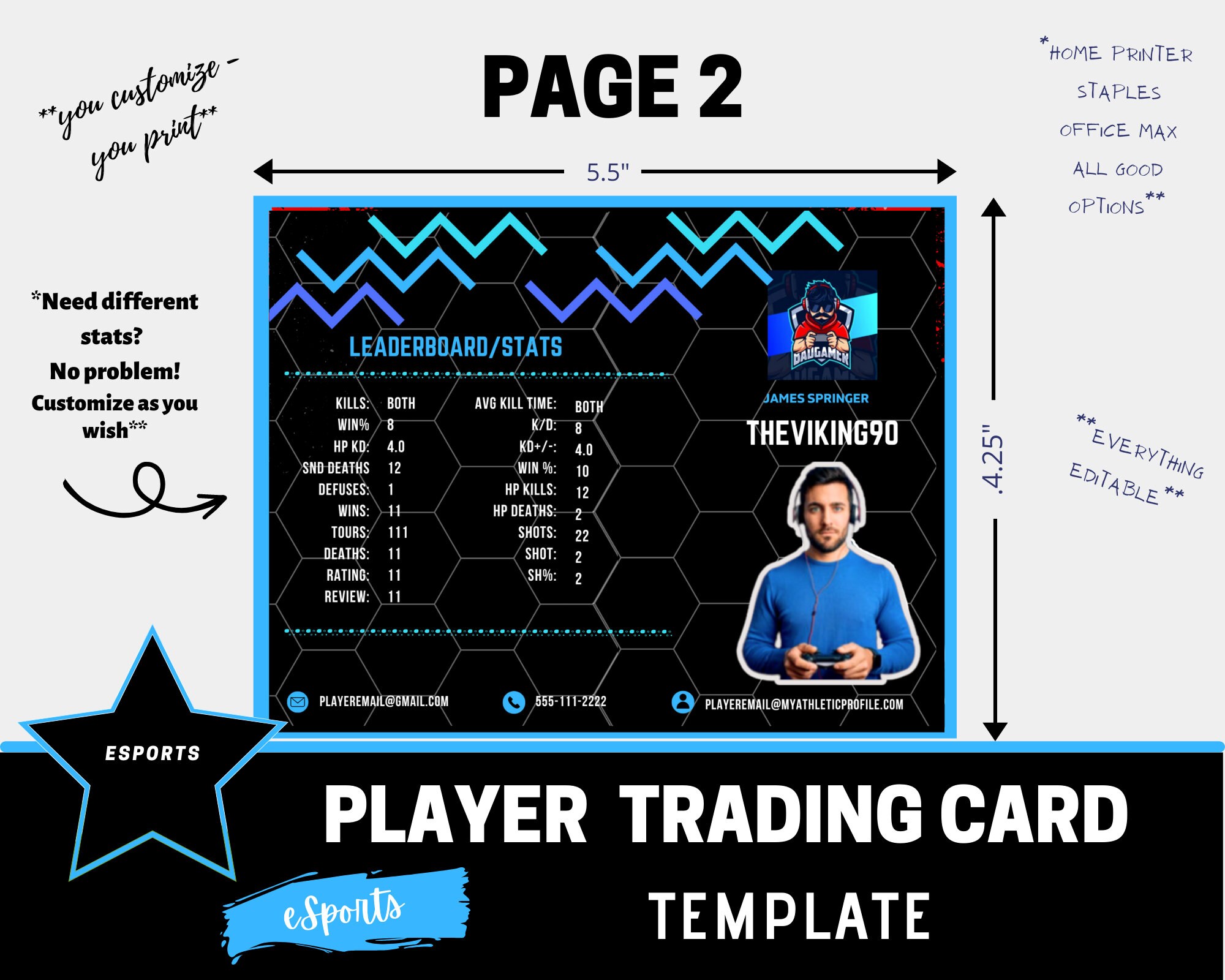 Player Card - Esports Player Card Template - Black & Blue - Any Color ...