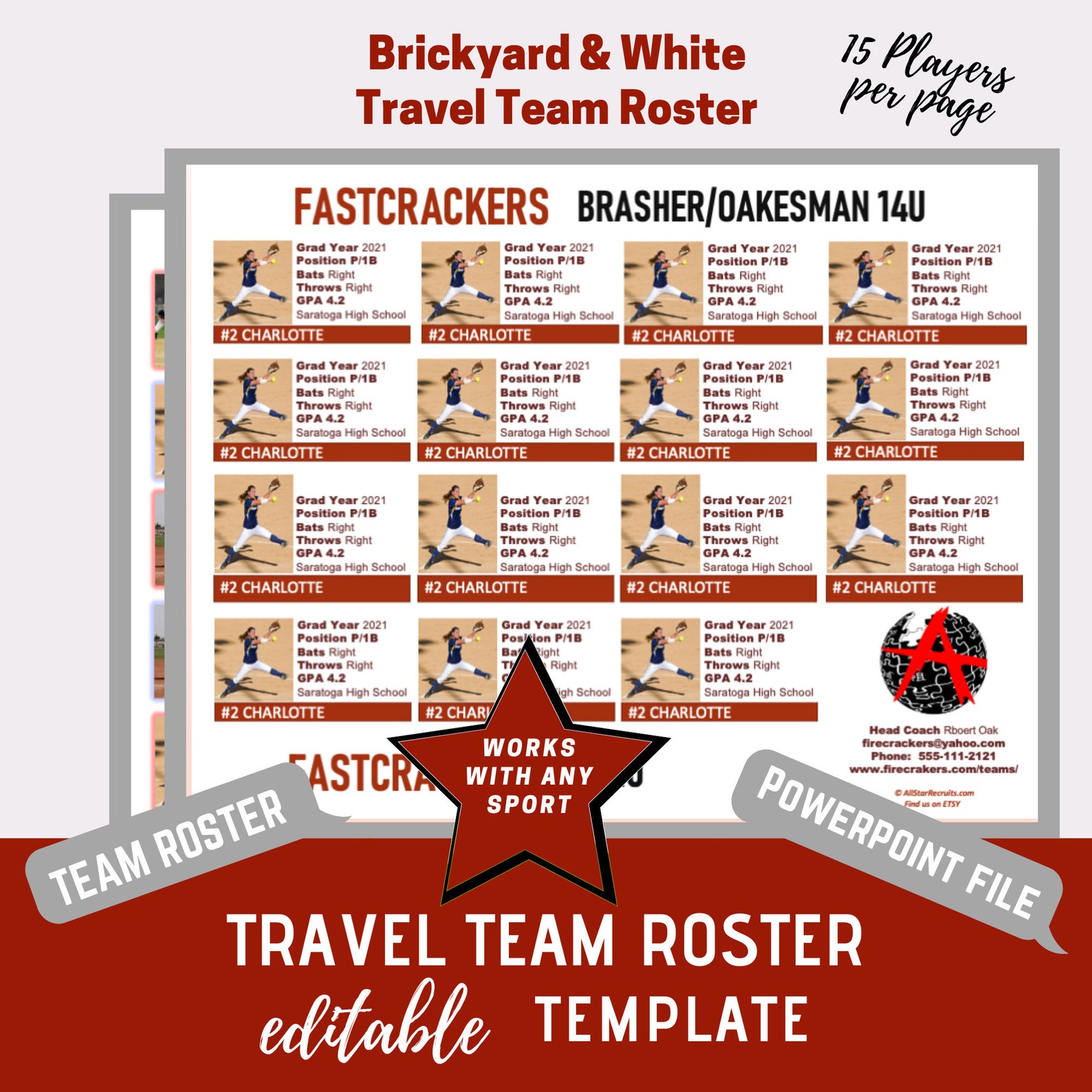 Travel Team Roster Template Brickyard & White 15 Players Powerpoint ...