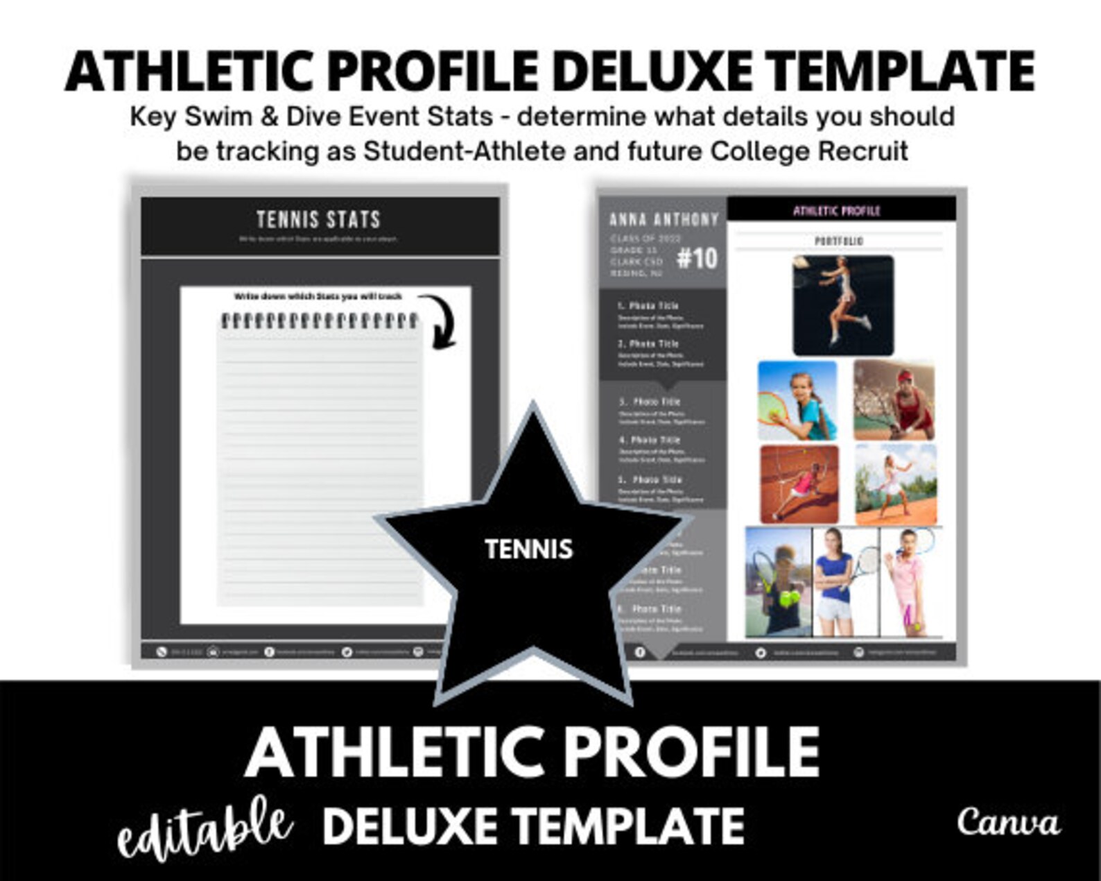 Tennis - Athletic Profile Deluxe Template - Black | Editable Athletic ...