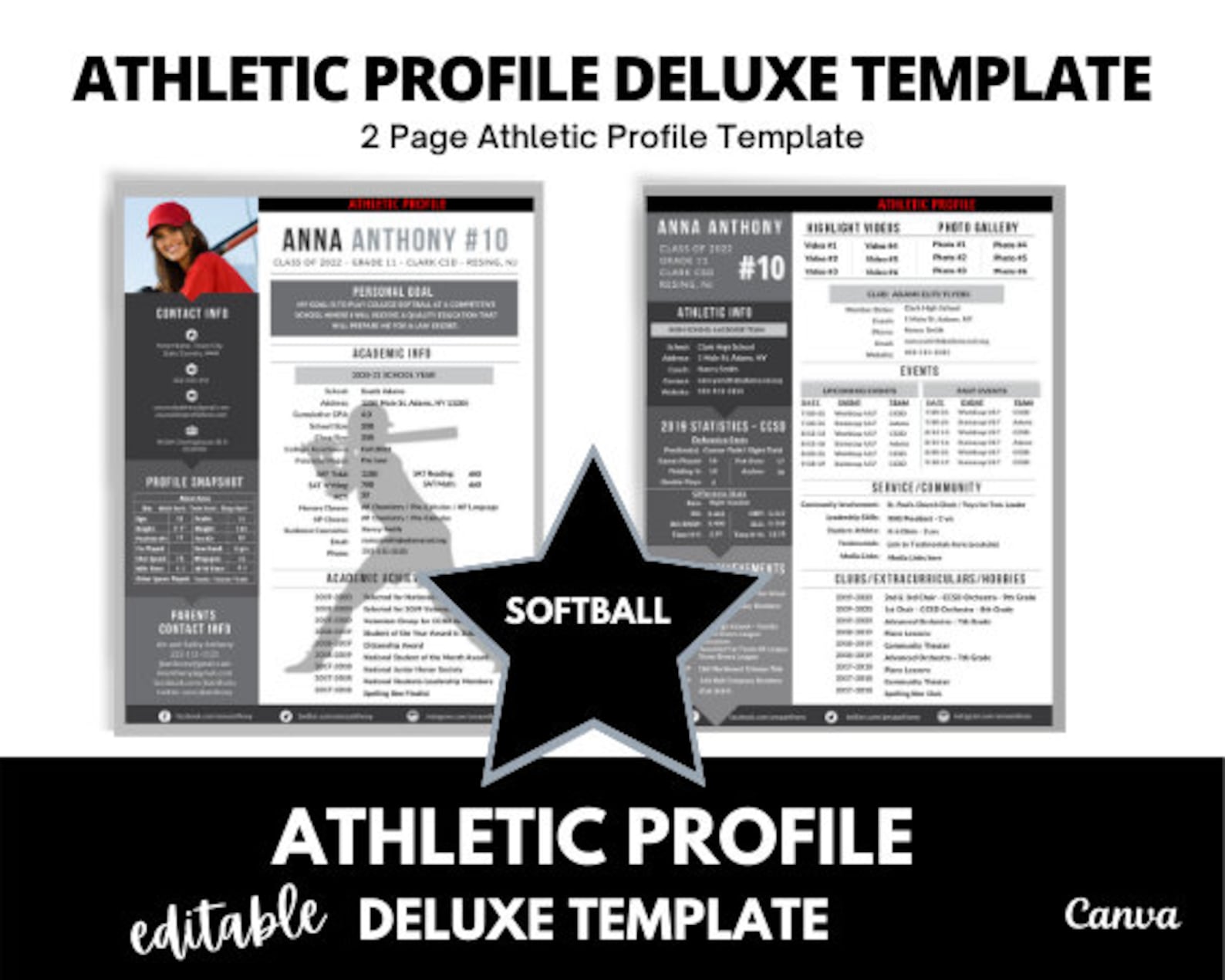 Softball - Athletic Profile Deluxe Template - Black | Editable Athletic ...