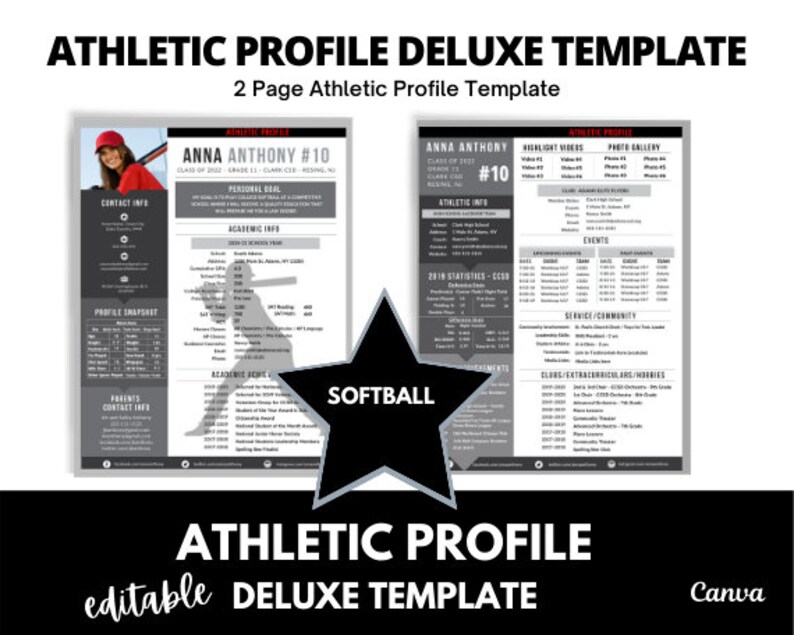 Softball - Athletic Profile Deluxe Template - Black | Editable Athletic ...