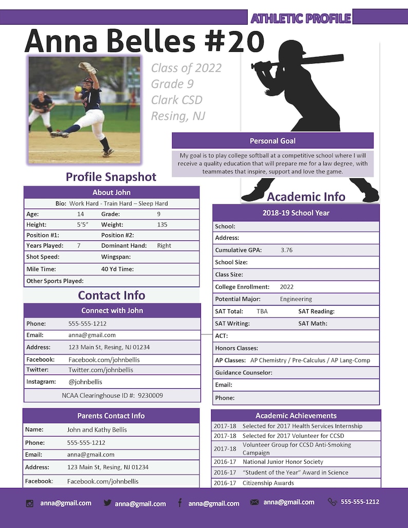 Softball - Athletic Profile Deluxe Template - Purple Gray & White - Etsy