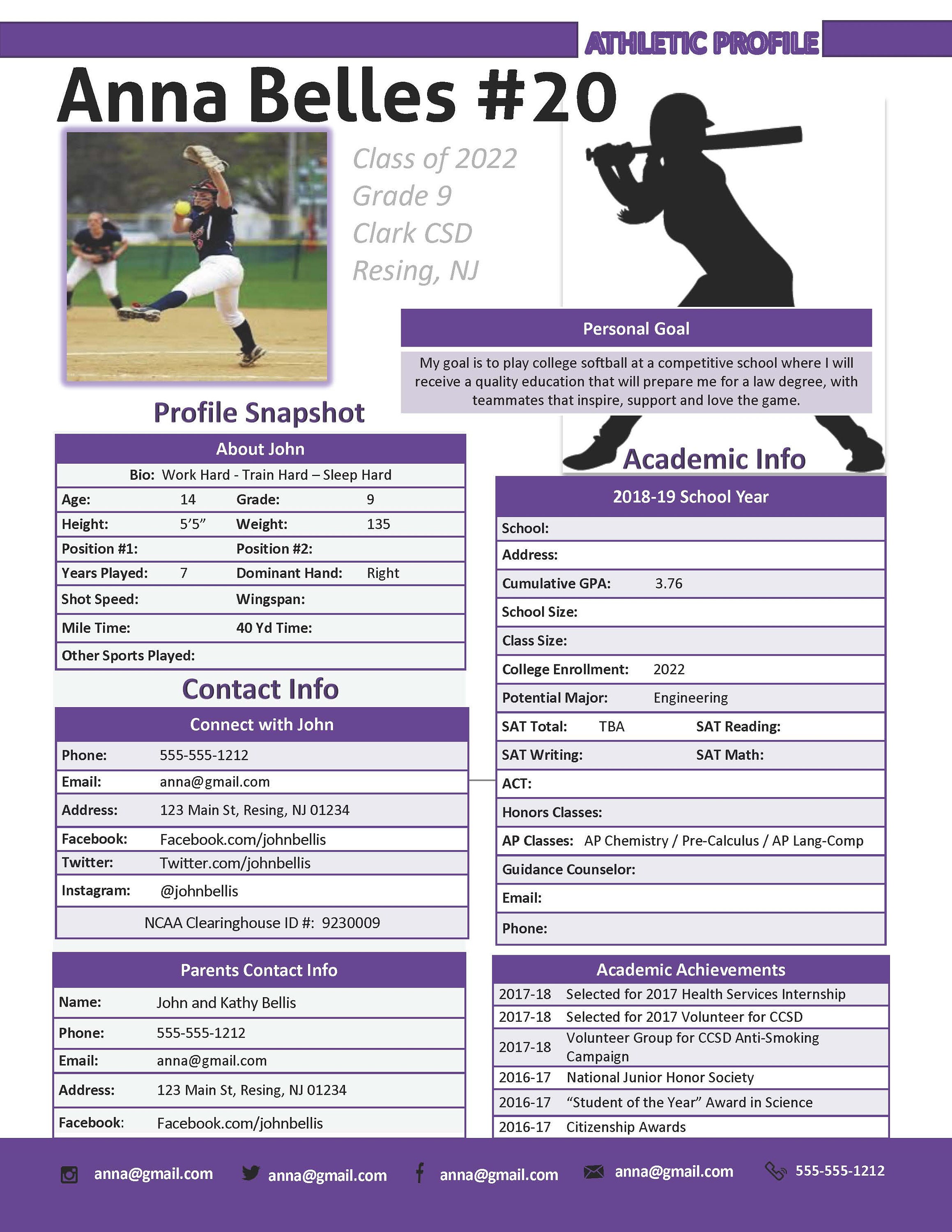 Softball - Athletic Profile Deluxe Template - Purple Gray & White - Etsy