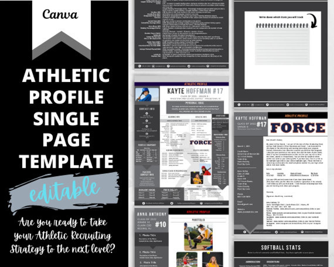 Softball Athletic Profile 1 Page Template Black Editable - Etsy