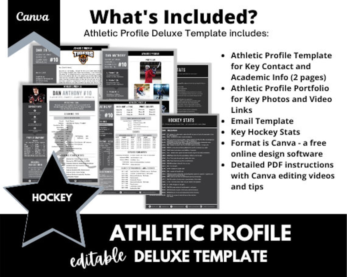 Hockey - Athletic Profile Deluxe Template - Black | Editable Athletic ...