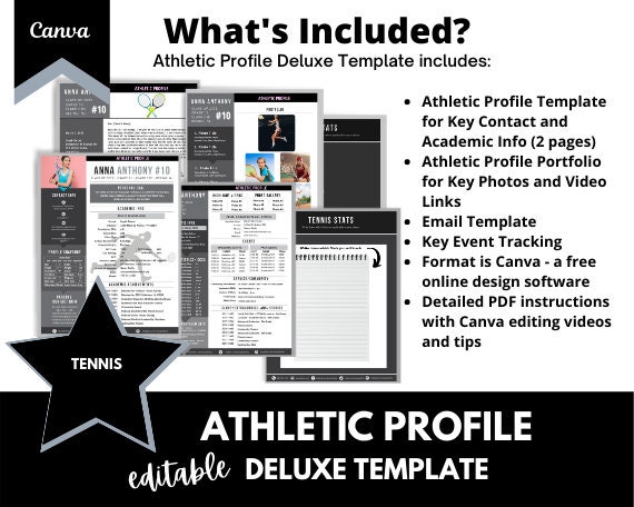Tennis - Athletic Profile Deluxe Template - Black | Editable Athletic ...