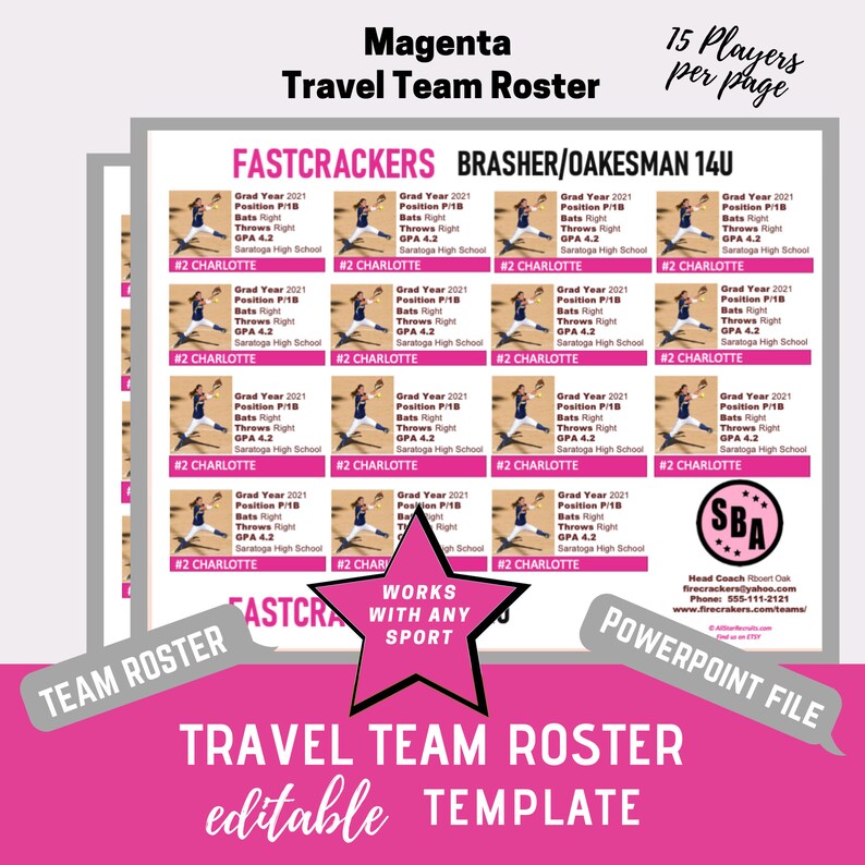 Travel Team Roster Template Magenta 15 Players - Etsy