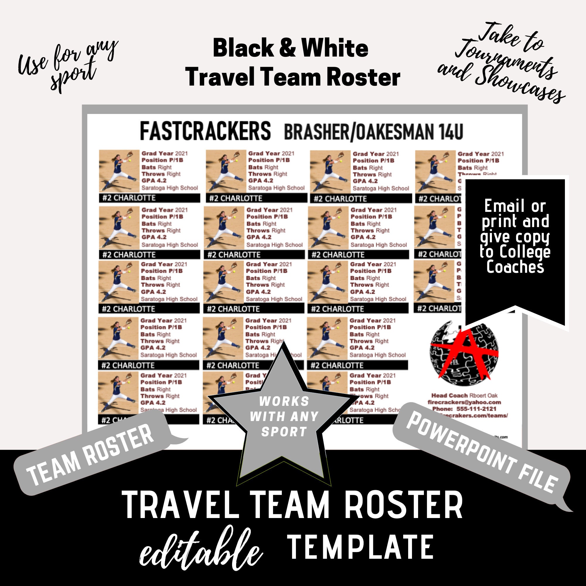 Travel Team Roster Template - Black & White - 18 Players - Etsy