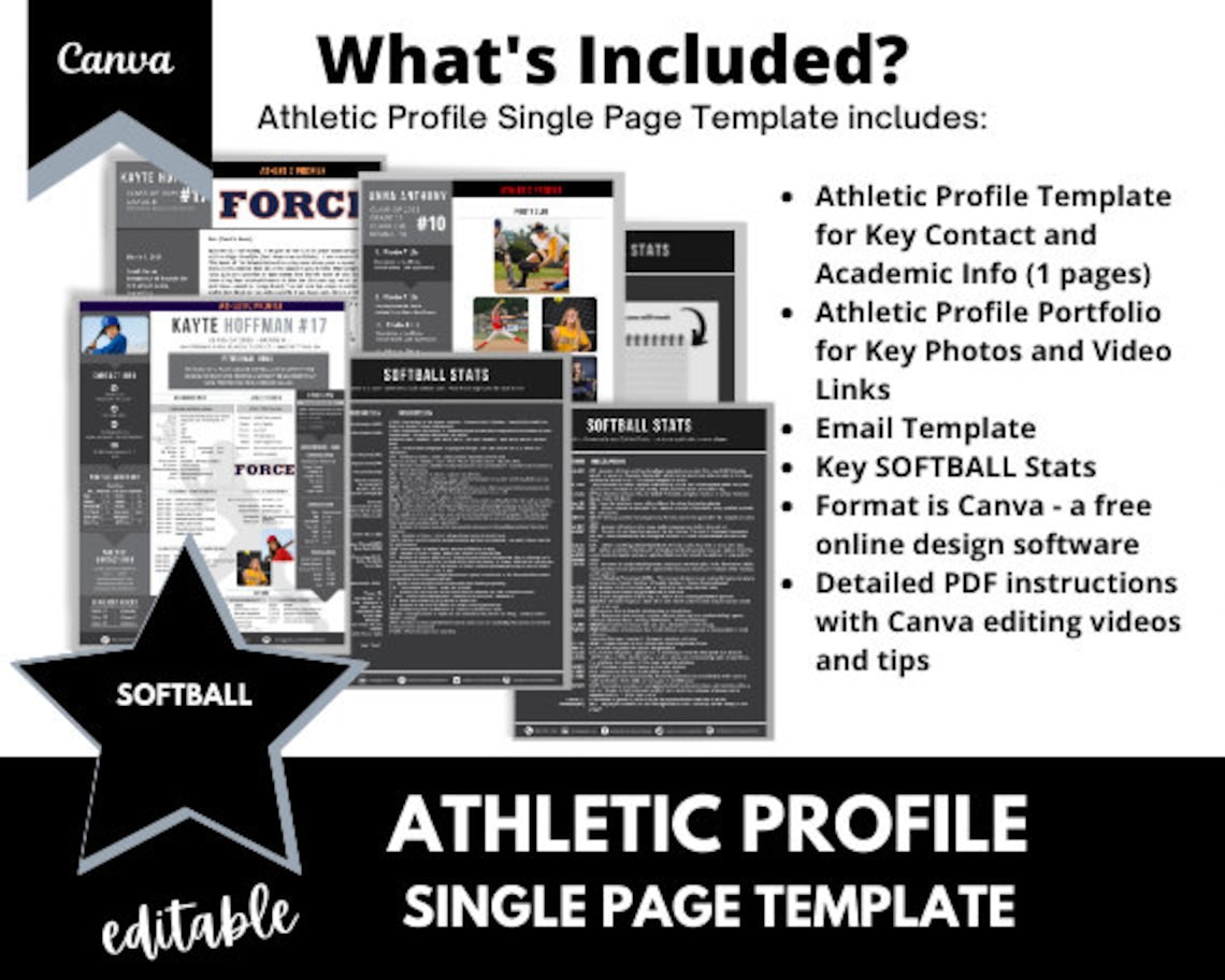 Softball Athletic Profile 1 Page Template Black Editable - Etsy