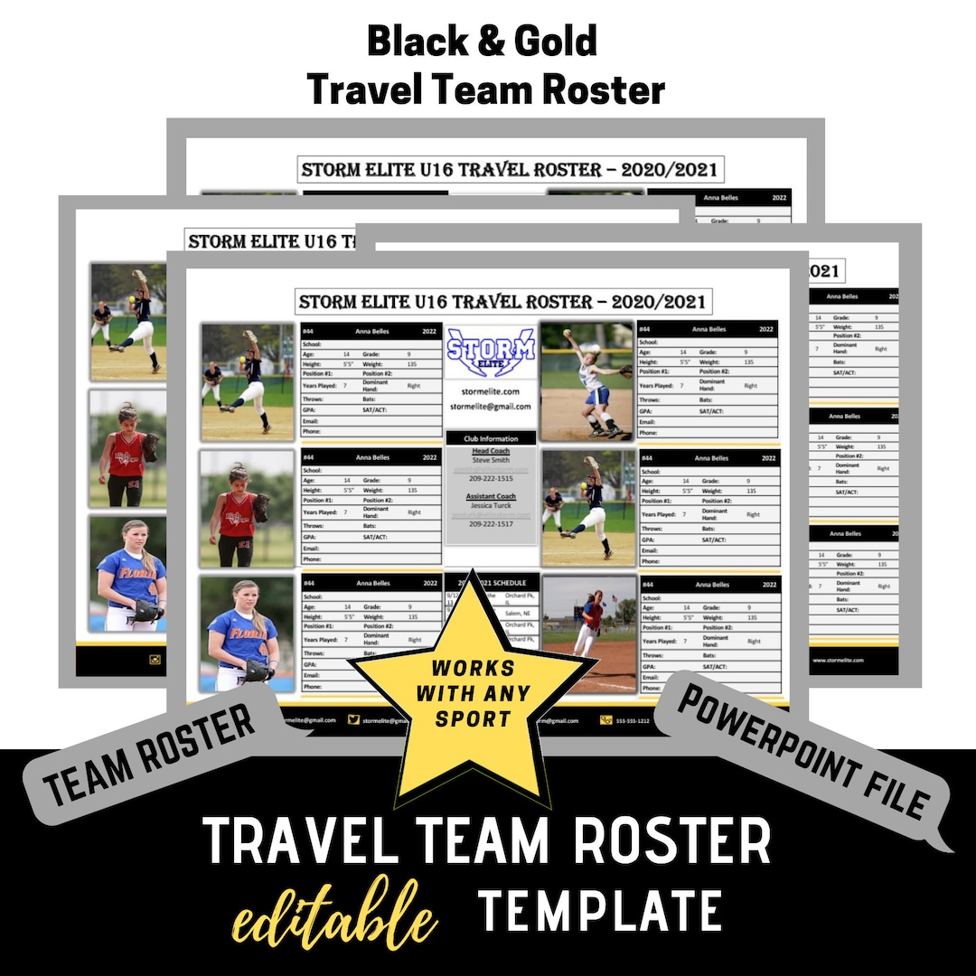Travel Team Roster Template Black & Gold 6 Players per Page - Etsy