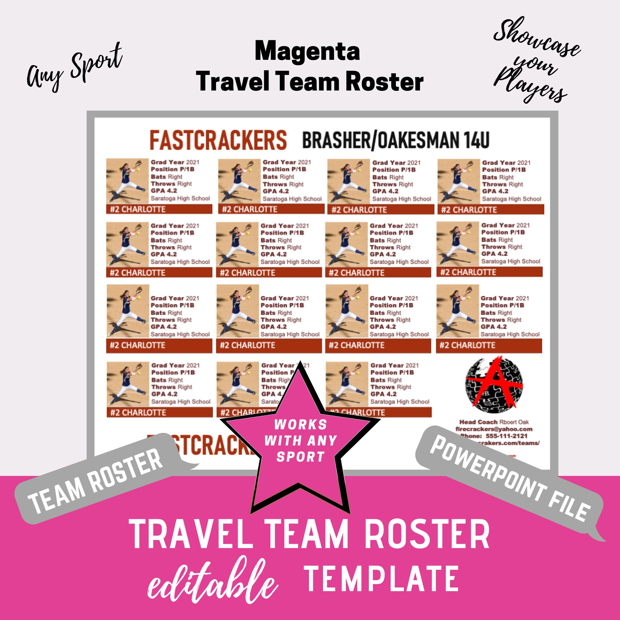 Travel Team Roster Template Magenta 15 Players - Etsy