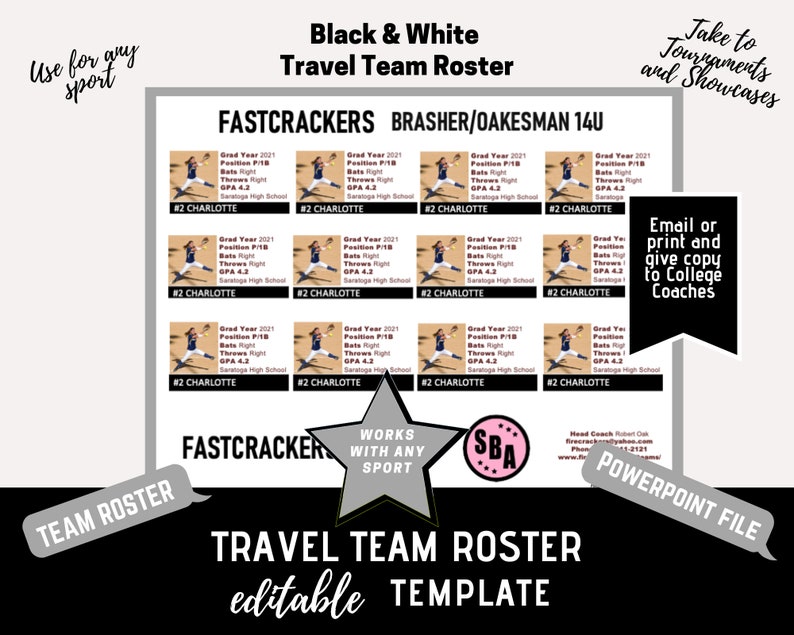Travel Team Roster Template - Black & White - 12 Players | Powerpoint ...