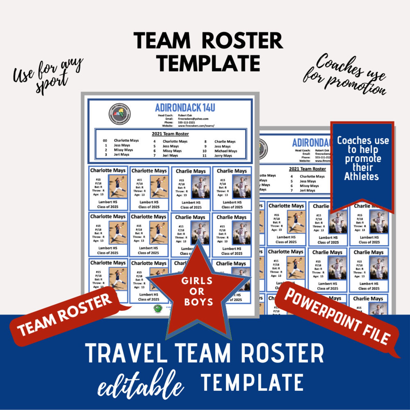 Travel Team Roster Template - Red White & Blue Deluxe - 12 Players - Etsy