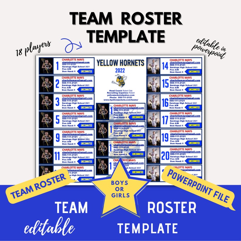 Travel Team Roster Template - Royal Blue & Yellow - 18 Players ...