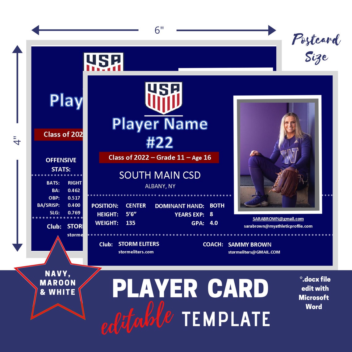 Player Card - Athletic Profile Player Card Template - Navy Maroon White ...