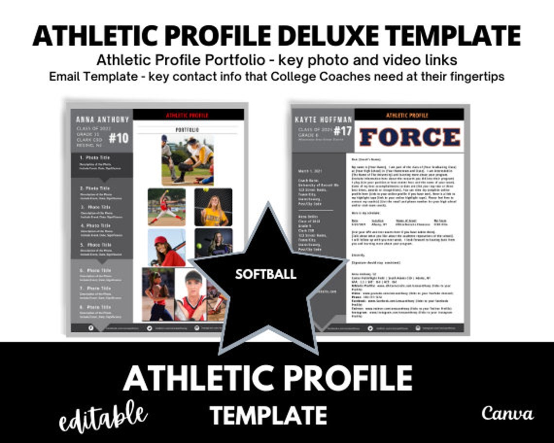 Softball Athletic Profile 1 Page Template Black Editable - Etsy
