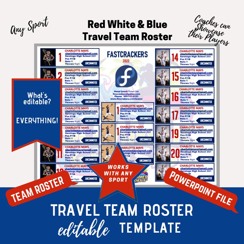 YOUR EVENT Travel Team Roster Template - Red White & Blue - 18 Players ...