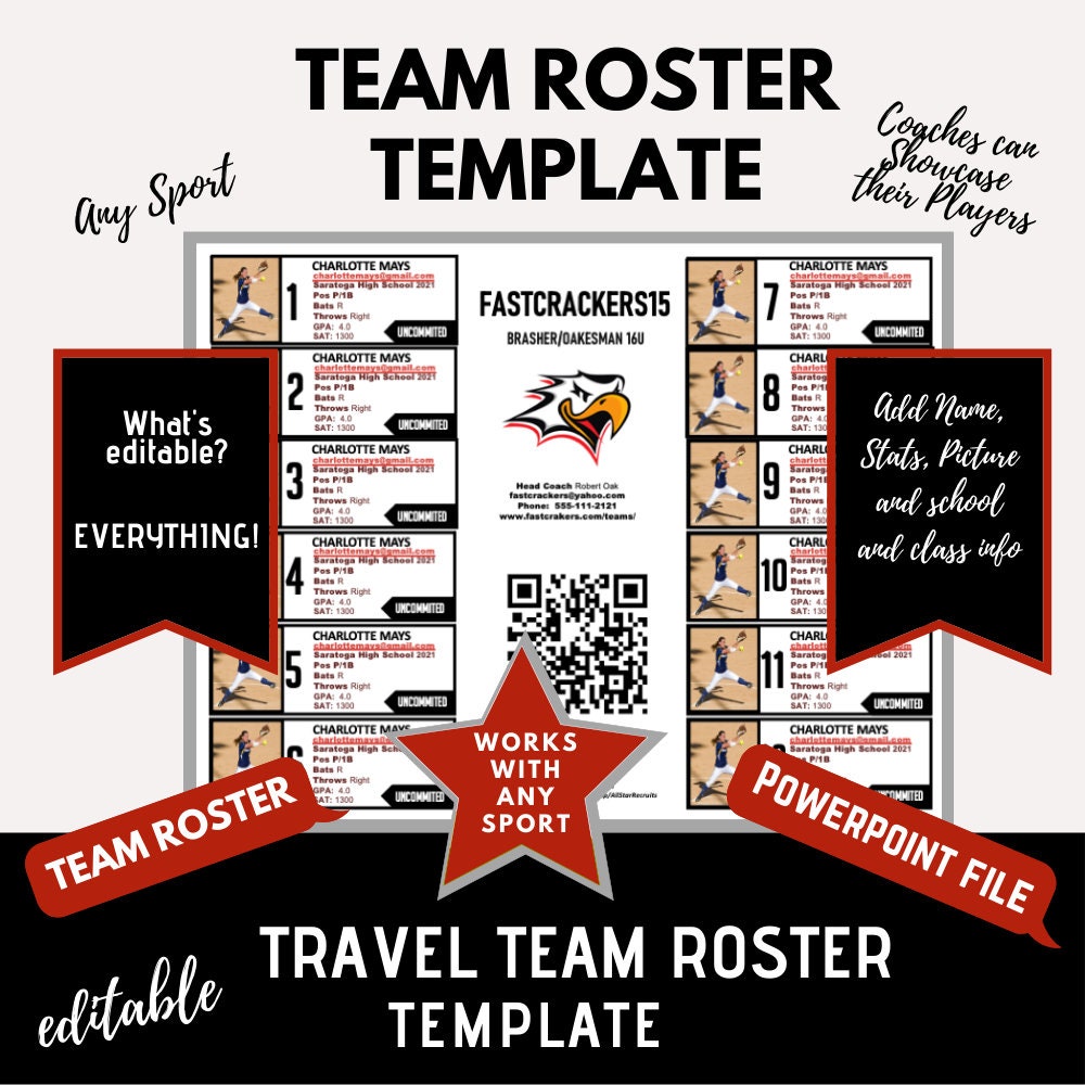 Travel Team Roster Template - Black & Maroon - 12 Players per Page ...