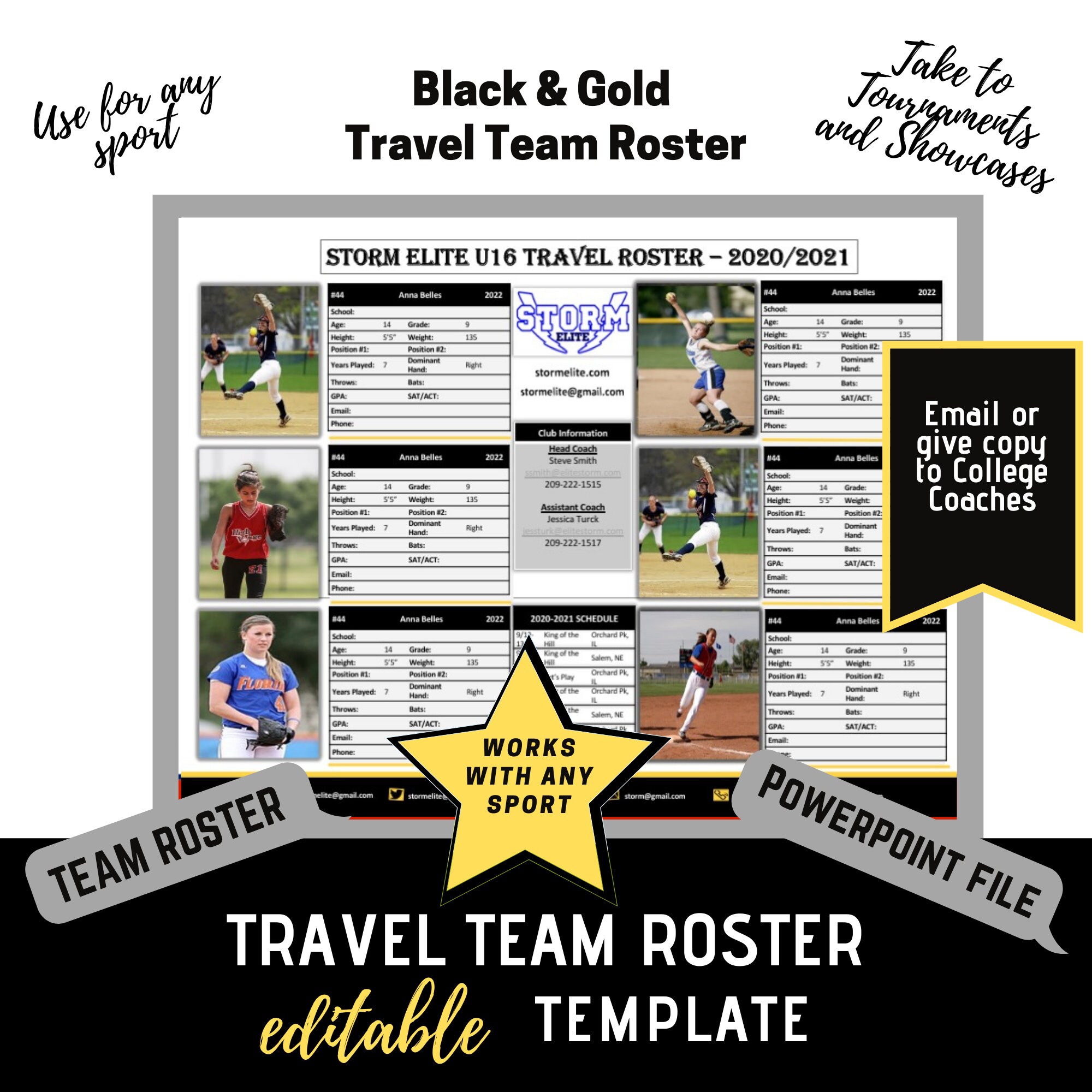 Travel Team Roster Template Black & Gold 6 Players per Page - Etsy