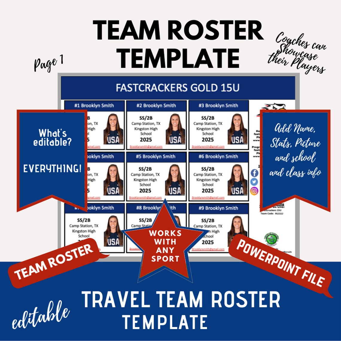 Travel Team Roster Template - Blue - 9 Players per Page | Powerpoint ...