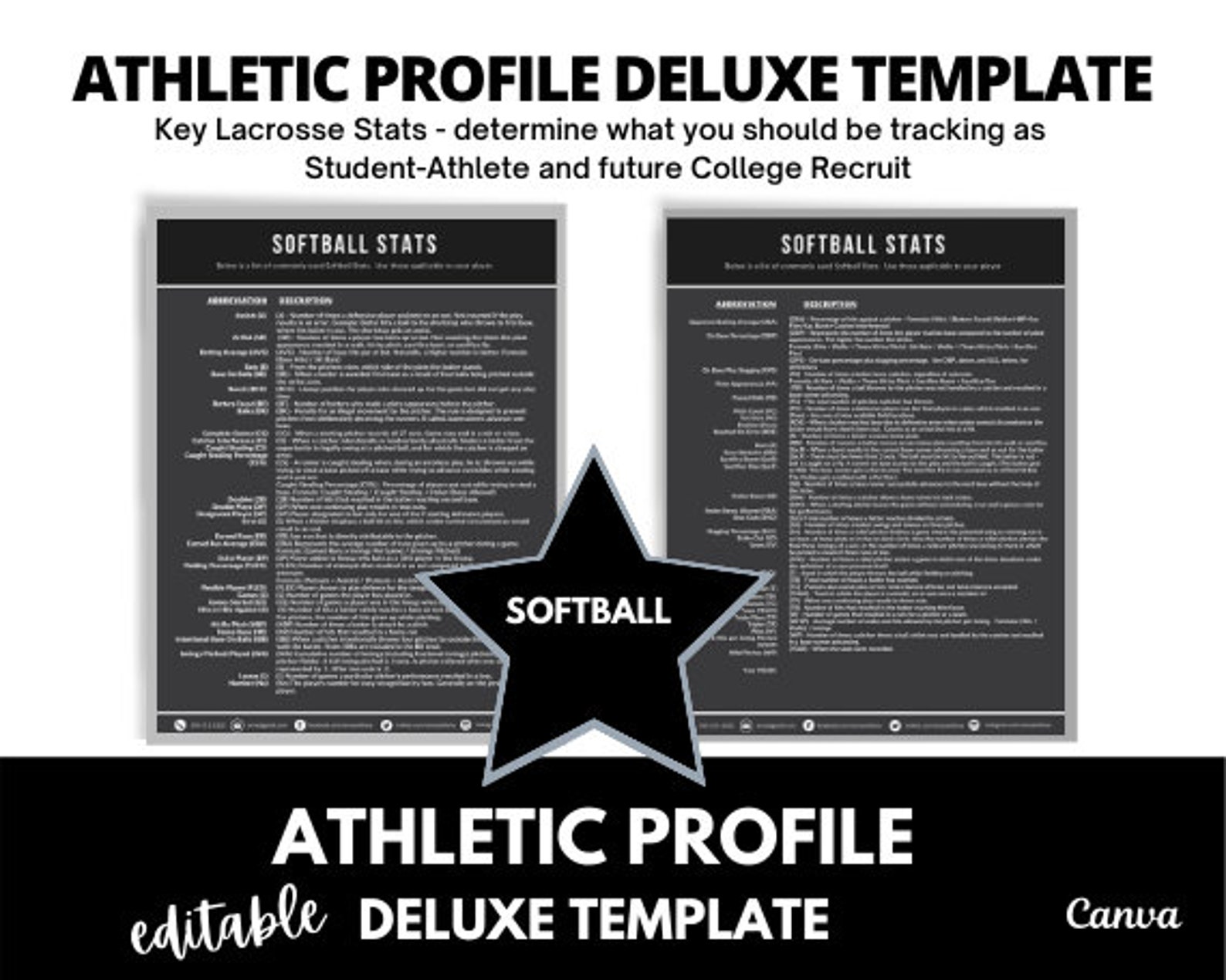 Softball - Athletic Profile Deluxe Template - Black | Editable Athletic ...