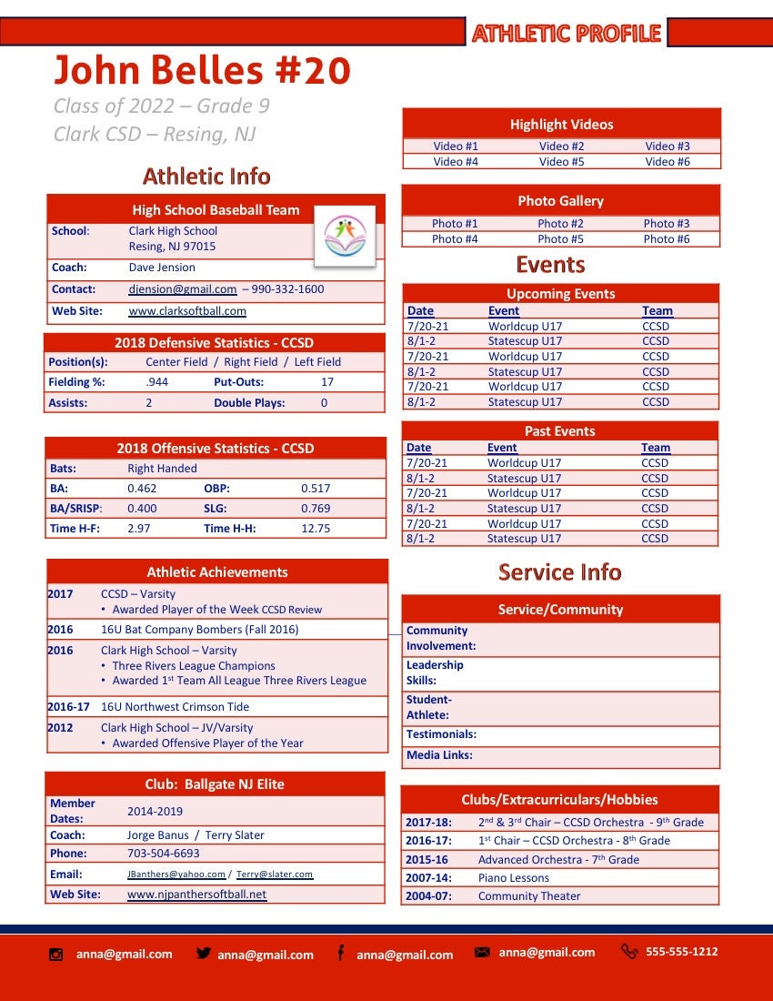 Baseball - Athletic Profile Deluxe Template - Red - Etsy