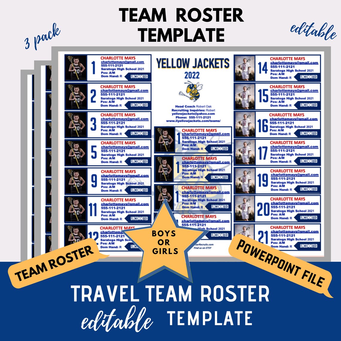 Blue & Gold Team Roster Template - 3 Pack - 18, 24 and 25 Players - Etsy
