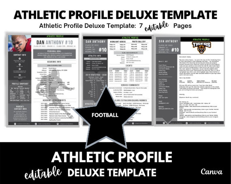 Football - Athletic Profile Deluxe Template - Black | Editable Athletic ...