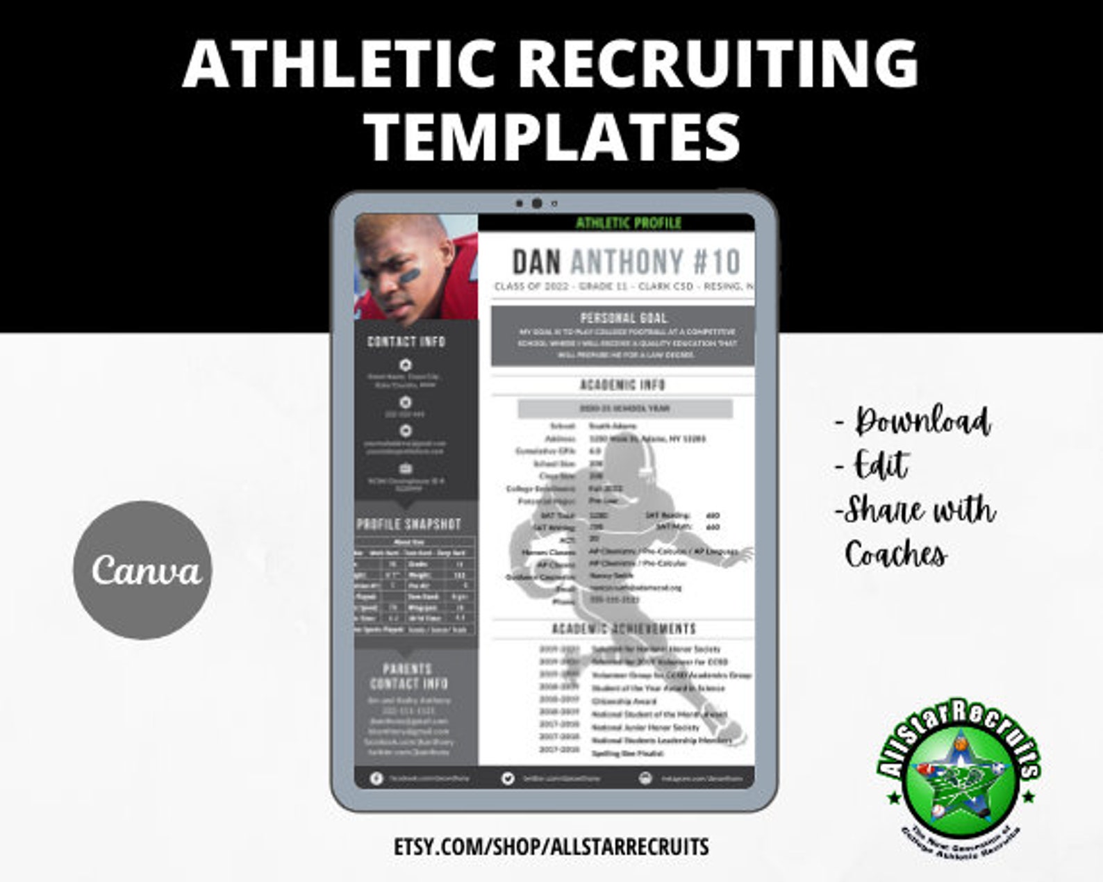 Football Athletic Profile Deluxe Template Black Editable Athletic ...
