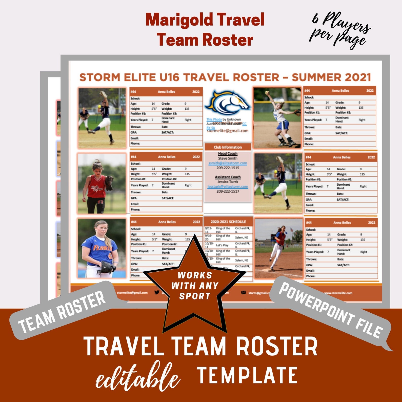 Travel Team Roster Template Marigold 6 Players Per Page | Etsy