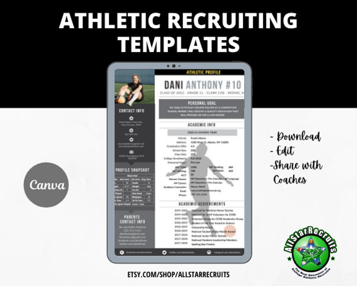 Soccer Athletic Profile Deluxe Template Black Editable Athletic Profile ...