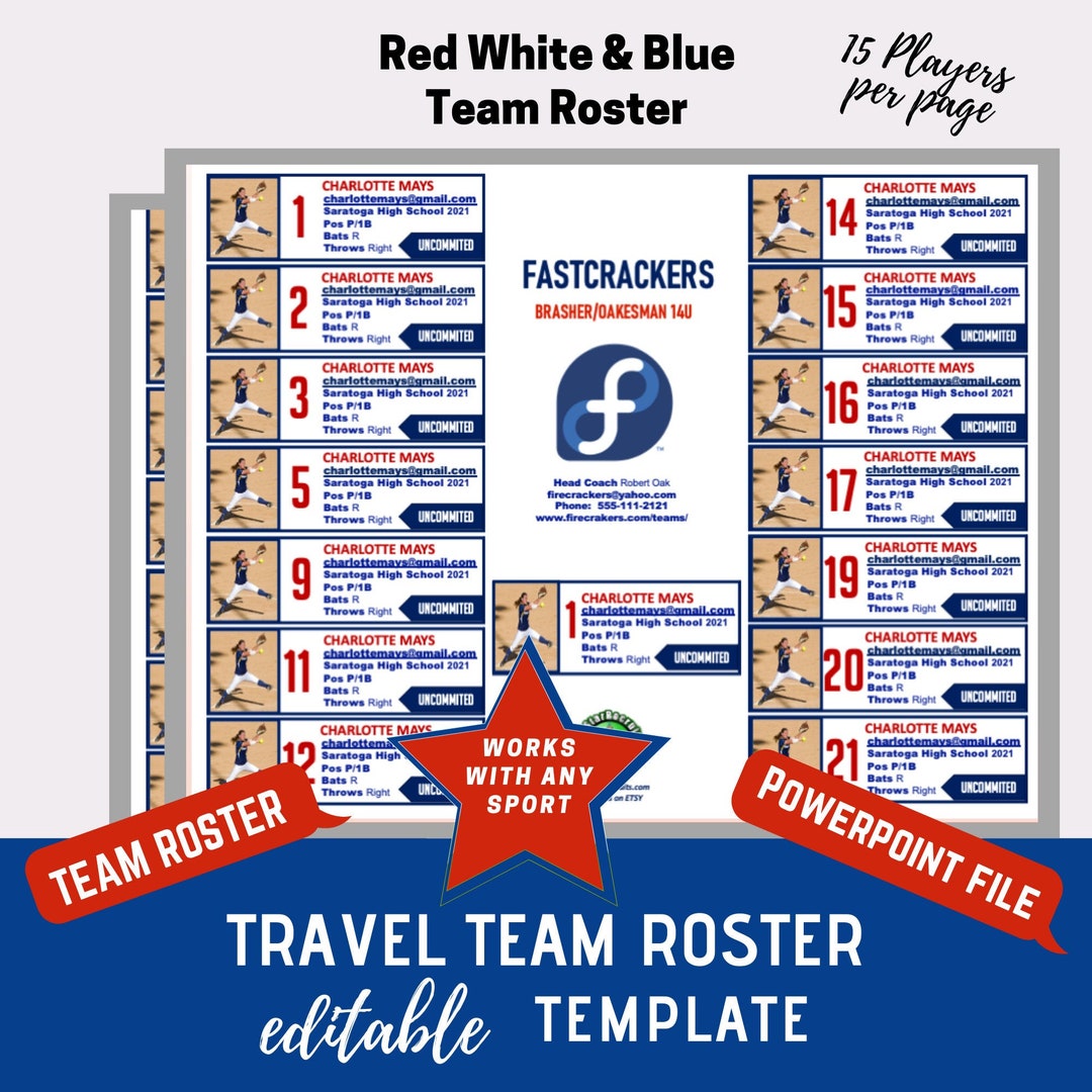 Travel Team Roster Template - Red White & Blue - 15 Players - Etsy