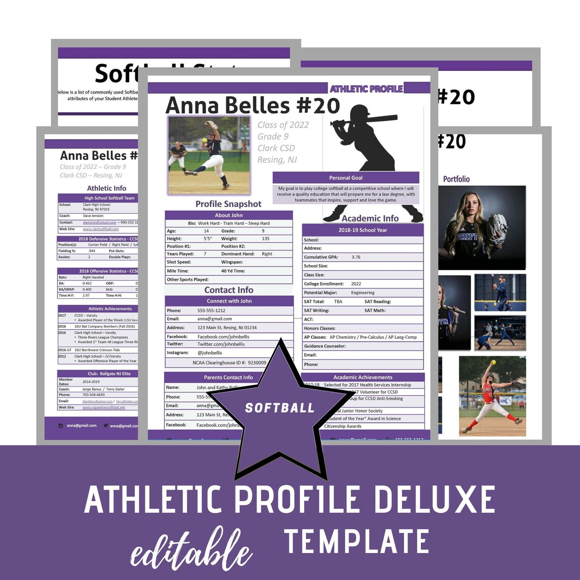 Softball - Athletic Profile Deluxe Template - Purple Gray & White - Etsy