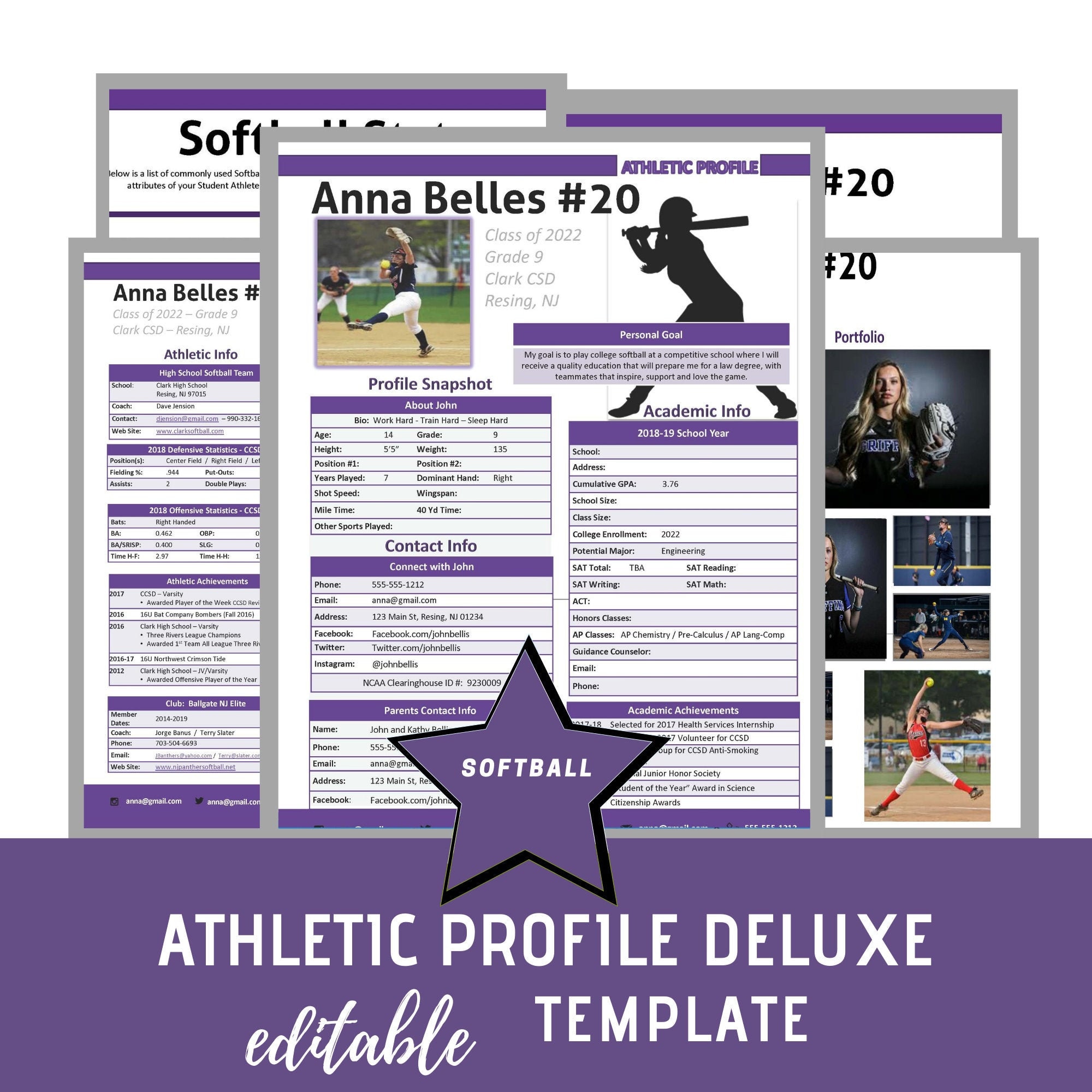 Softball - Athletic Profile Deluxe Template - Purple Gray & White - Etsy