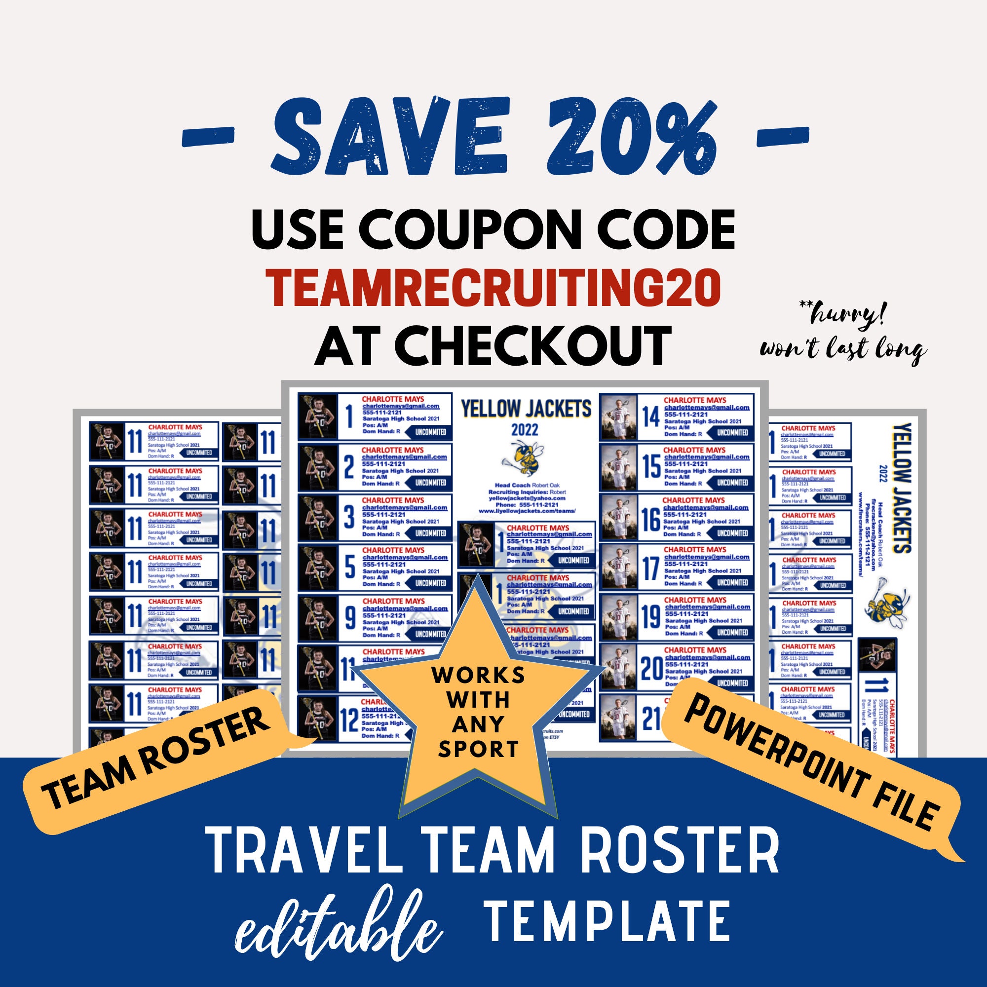 Blue & Gold Team Roster Template - 3 Pack - 18, 24 and 25 Players - Etsy
