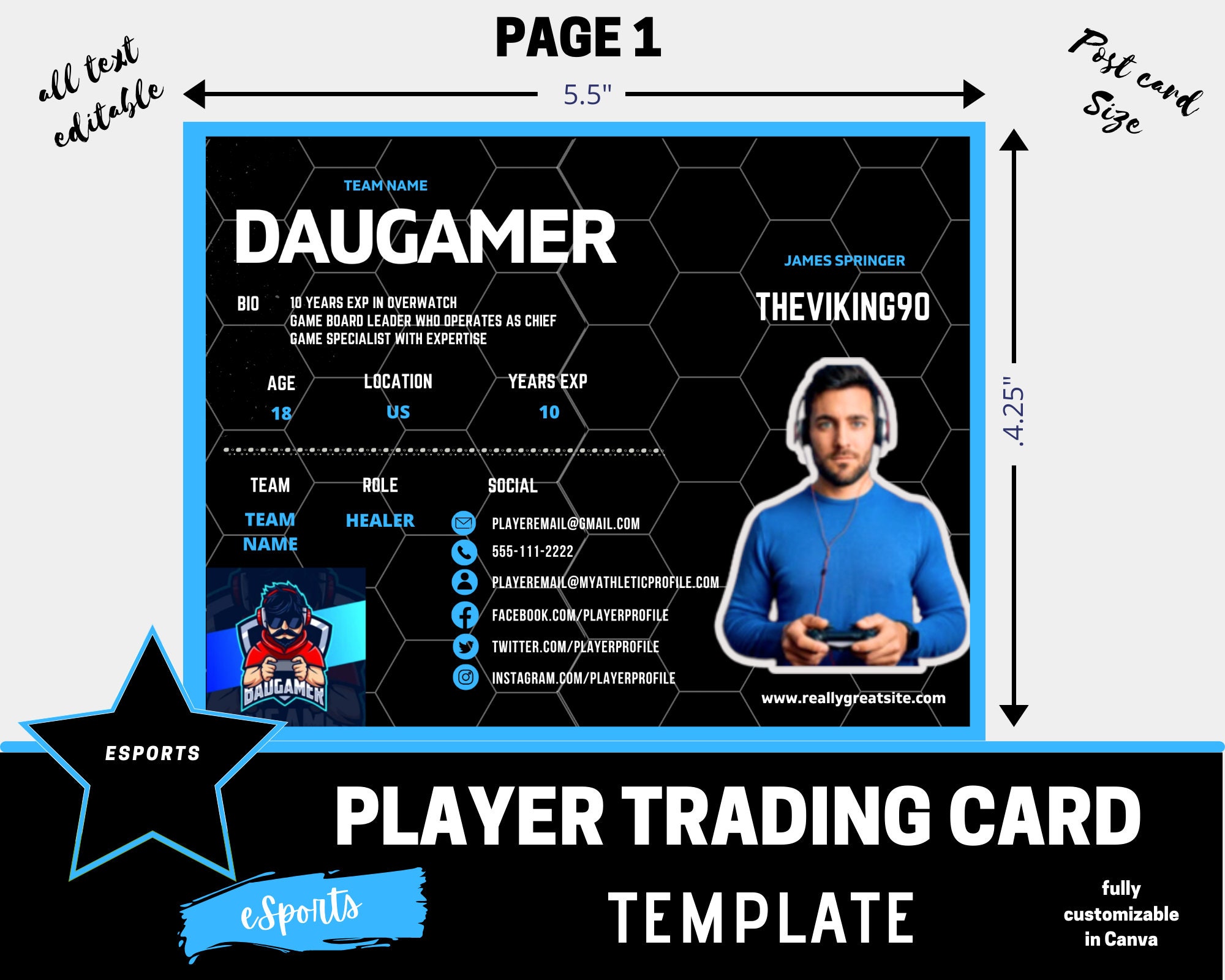 Player Card - Esports Player Card Template - Black & Blue - Any Color ...