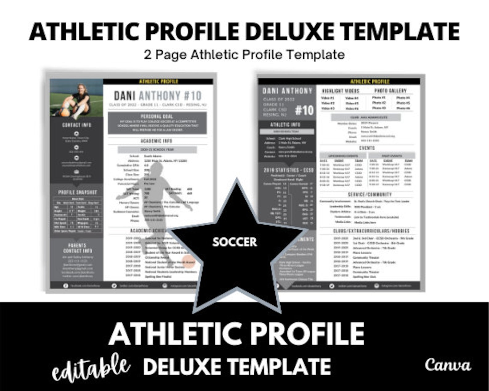 Soccer - Athletic Profile Deluxe Template - Black | Editable Athletic ...