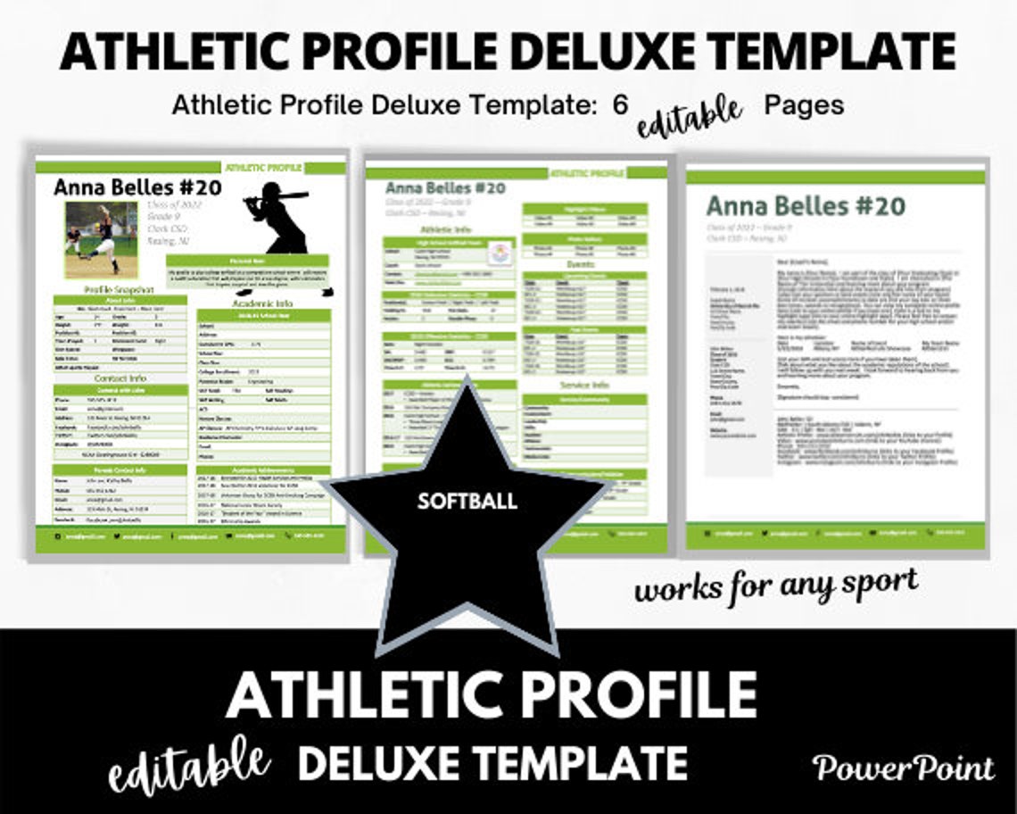 Softball - Athletic Profile Deluxe Template - GREEN - Etsy