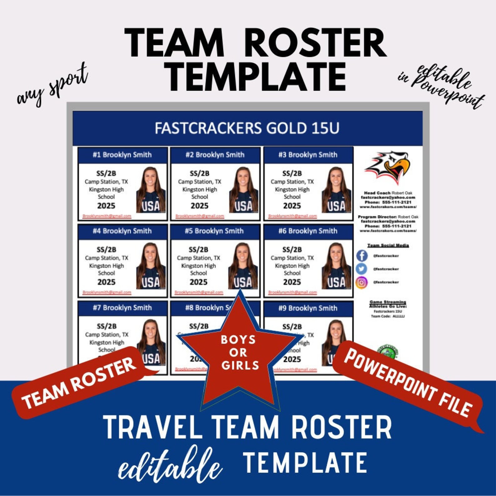 Travel Team Roster Template - Blue - 9 Players per Page | Powerpoint ...