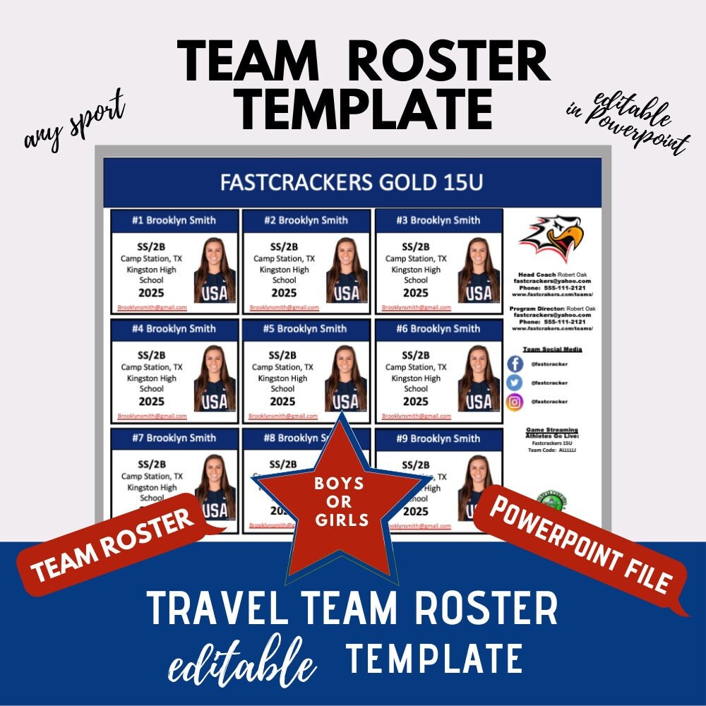Travel Team Roster Template - Blue - 9 Players per Page | Powerpoint ...