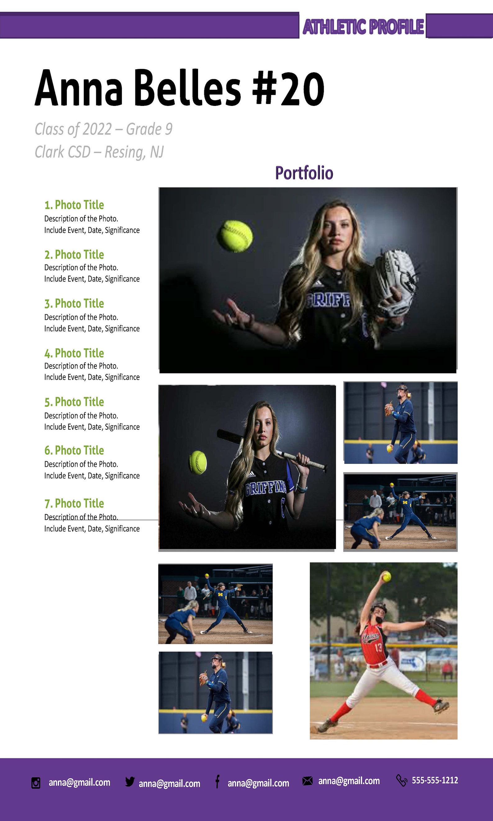 Softball - Athletic Profile Deluxe Template - Purple Gray & White - Etsy