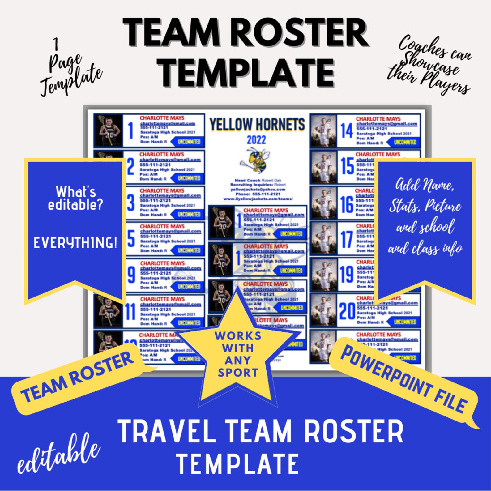 Travel Team Roster Template Royal Blue & Yellow 18 Players Powerpoint ...