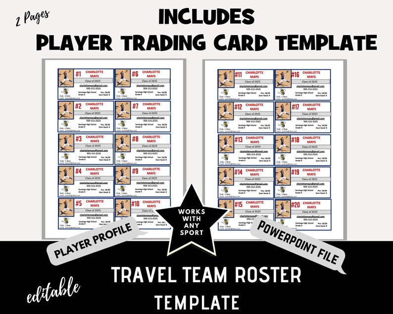 Travel Team Roster Template - Black & Grey - 20 Players per Page ...