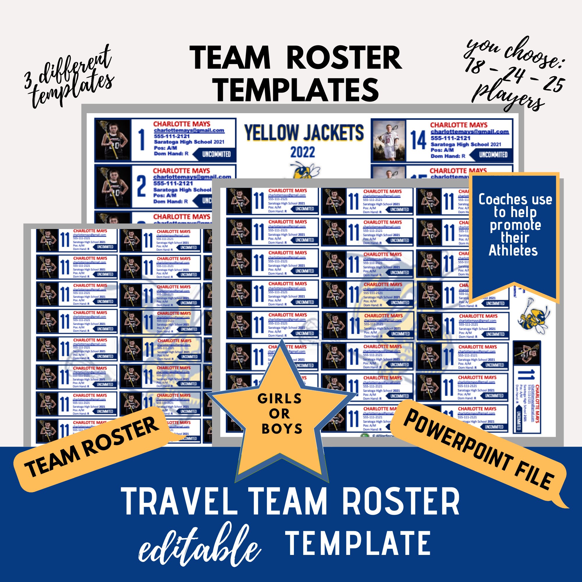 Blue & Gold Team Roster Template - 3 Pack - 18, 24 and 25 Players - Etsy