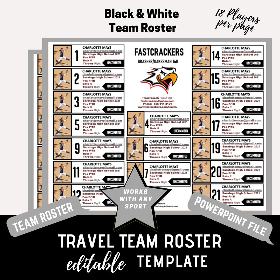 Travel Team Roster Template - Black & White - 18 Players per Page ...