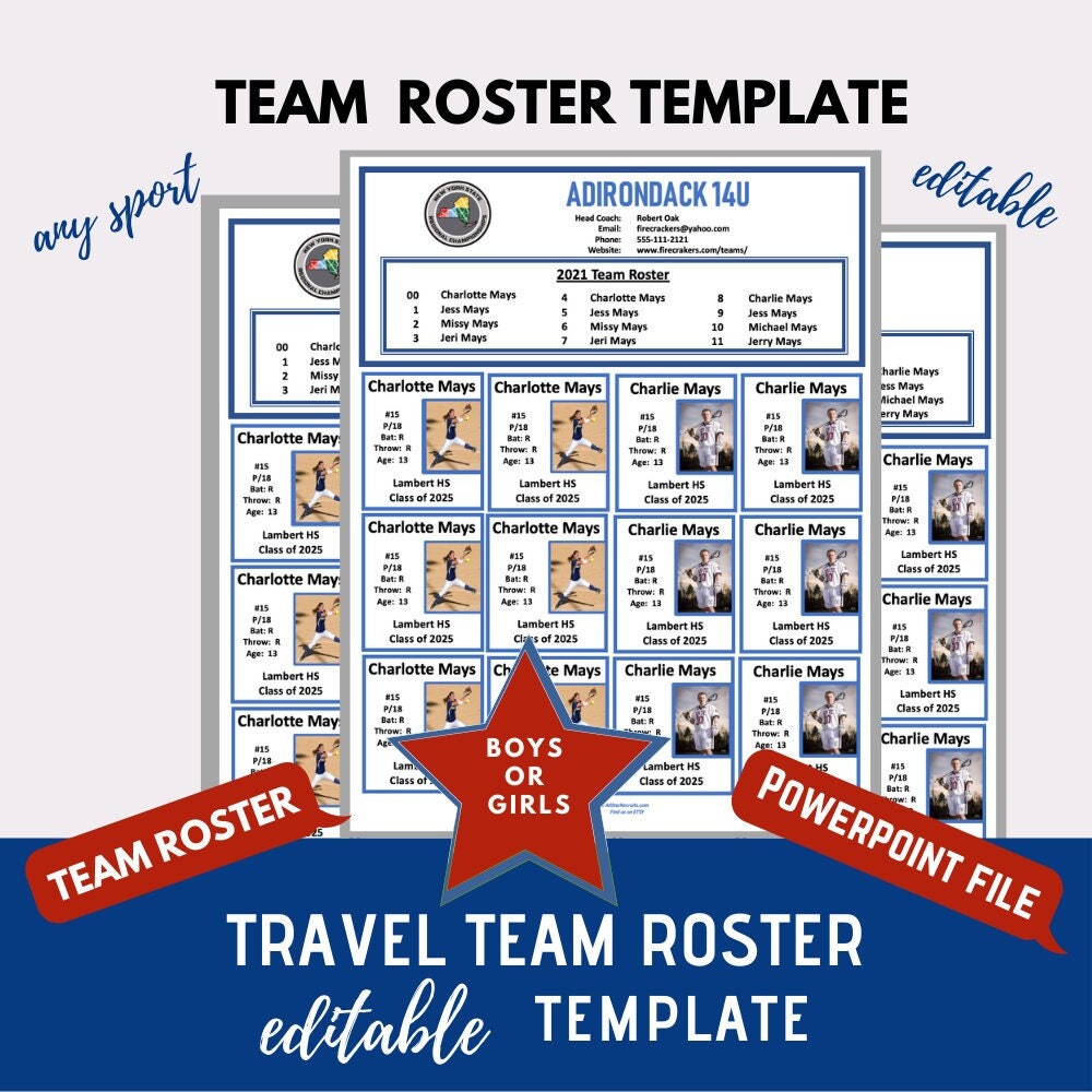 Travel Team Roster Template Red White & Blue Deluxe 12 Players - Etsy